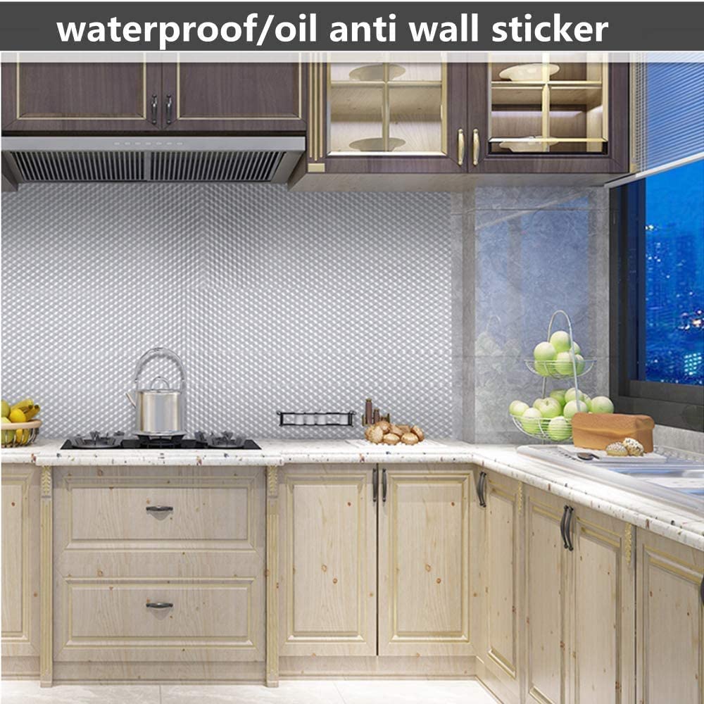 Kitchen Backsplash Stickers, 196.85X15.75 Inch Kitchen Wallpaper Stickers Self Adhesive Kitchen Aluminum Foil Stickers Oil Proof Waterproof (Silver Cube Texture)