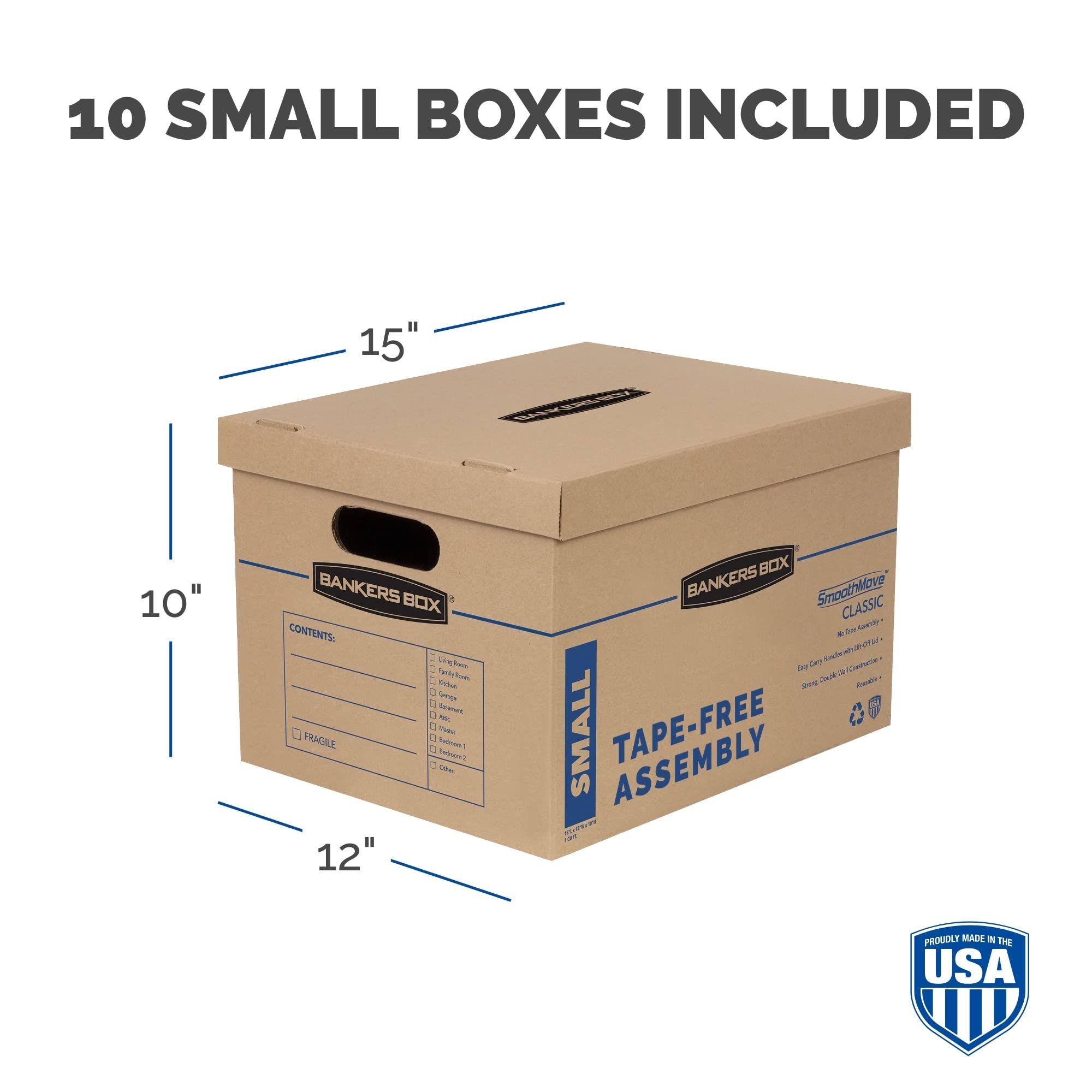 Bankers Box SmoothMove Classic Moving Boxes, Tape-Free Assembly, Small, 15 x 12 x 10 Inches, 10 Pack (7714203)