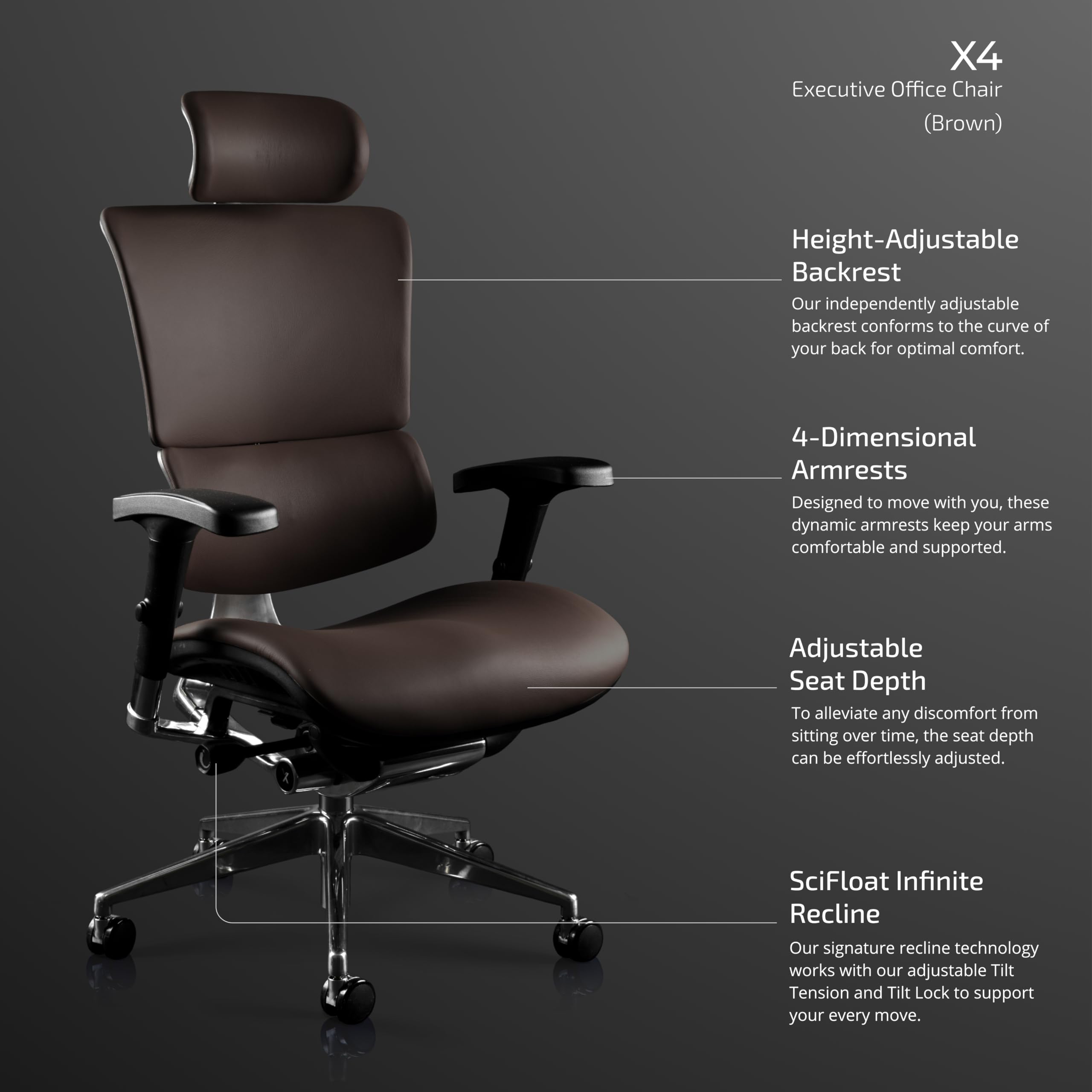 X-Chair X4 High End Executive Chair, Brown Leather with Headrest - Ergonomic Office Seat/Dynamic Variable Lumbar Support/Floating Recline/Stunning Aesthetic/Adjustable/Perfect for Office or Boardroom