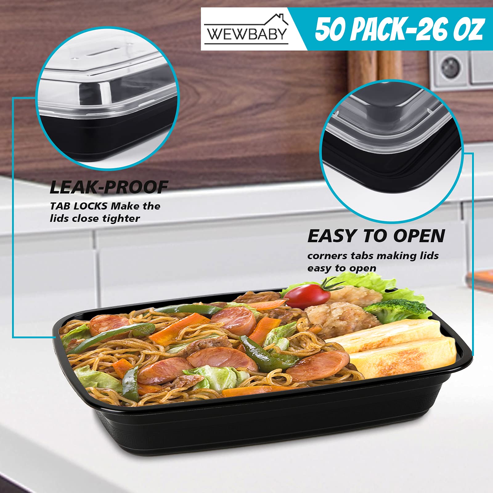 Meal Prep Container, 26 oz [50 Pack]-Single 1 Compartment Food Meal Prep Containers Reusable, BPA Free Extra-thick disposable Food Storage Containers with Lids Microwave Dishwasher Freezer Safe