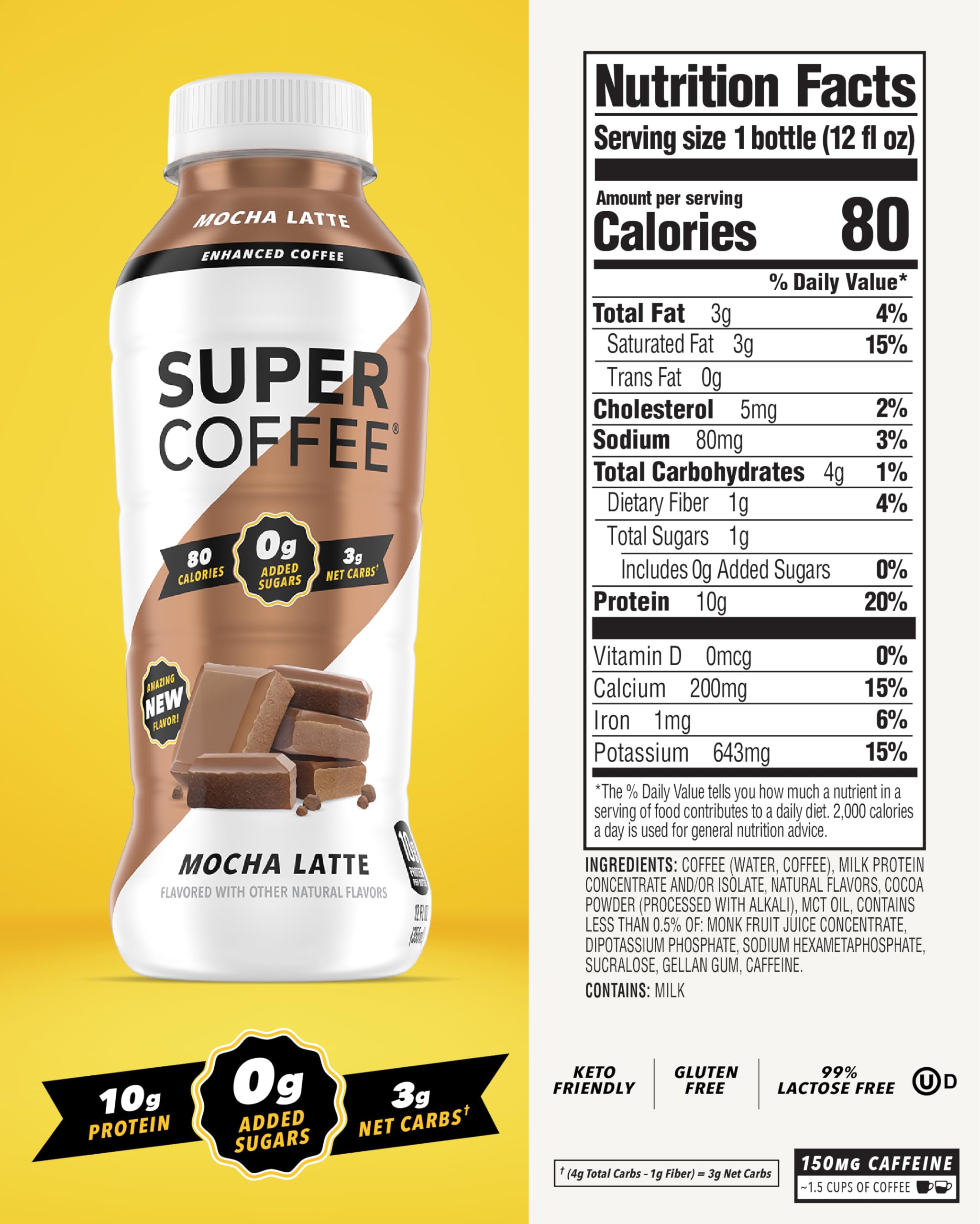 Super Coffee, Iced Keto Coffee (0g Added Sugar, 10g Protein, 80 Calories) [Mocha Latte] 12 Fl Oz, 12 Pack | Iced Coffee, Protein Coffee, Coffee Drinks, Smart Coffee - SoyFree GlutenFree