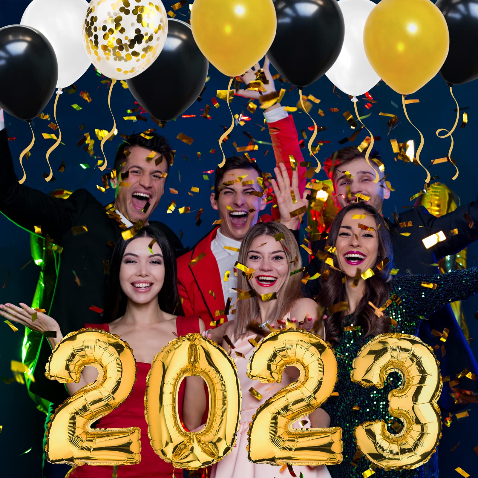 RUBFAC 100pcs Black Gold White Balloons, 12 Inches Latex Black Gold White and Confetti Balloons with Ribbons for Graduation Birthday Party Baby Shower Decorations