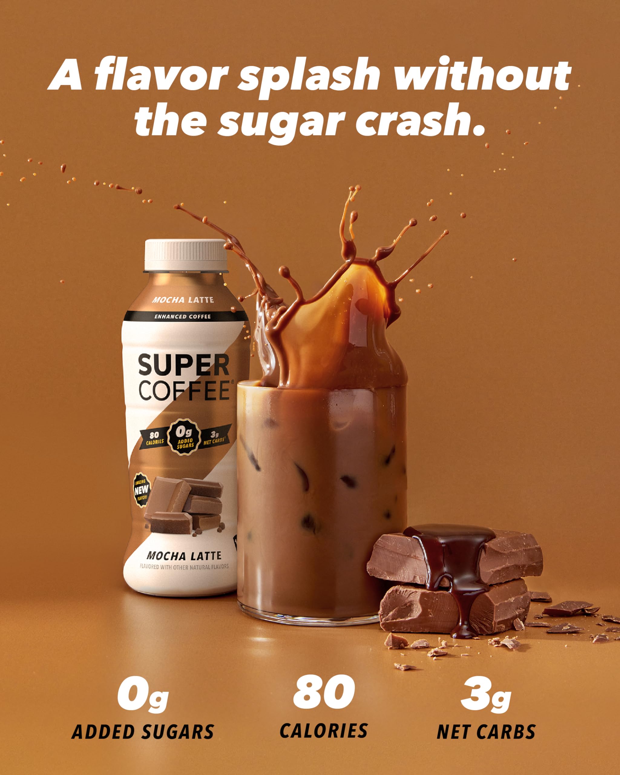 Super Coffee, Iced Keto Coffee (0g Added Sugar, 10g Protein, 80 Calories) [Mocha Latte] 12 Fl Oz, 12 Pack | Iced Coffee, Protein Coffee, Coffee Drinks, Smart Coffee - SoyFree GlutenFree