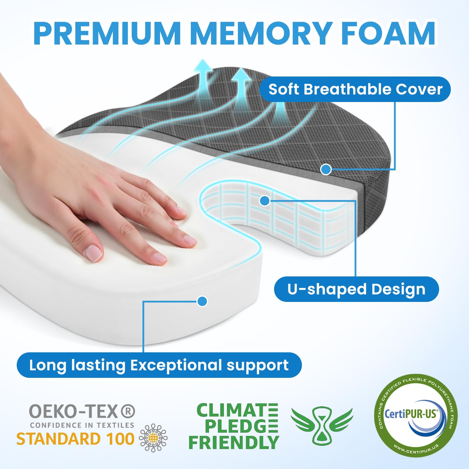 TushGuard Seat Cushion, Office Chair Cushions, Car Seat Cushion, Non-Slip Sciatica & Back Coccyx Tailbone Pain Relief Chair Pad, Memory Foam Butt Pillow for Computer Desk, Wheelchair, Driving (Grey)