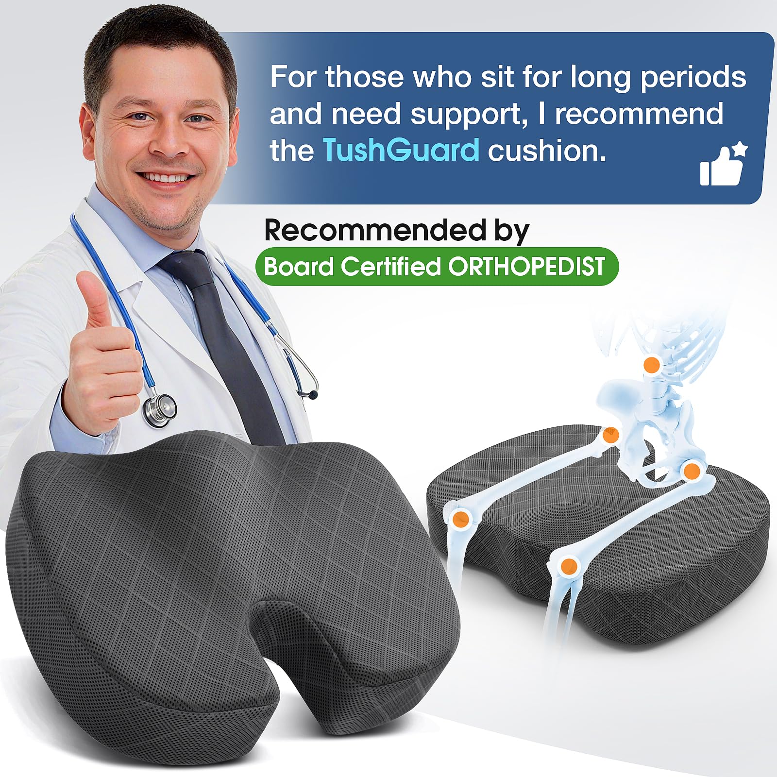 TushGuard Seat Cushion, Office Chair Cushions, Car Seat Cushion, Non-Slip Sciatica & Back Coccyx Tailbone Pain Relief Chair Pad, Memory Foam Butt Pillow for Computer Desk, Wheelchair, Driving (Grey)