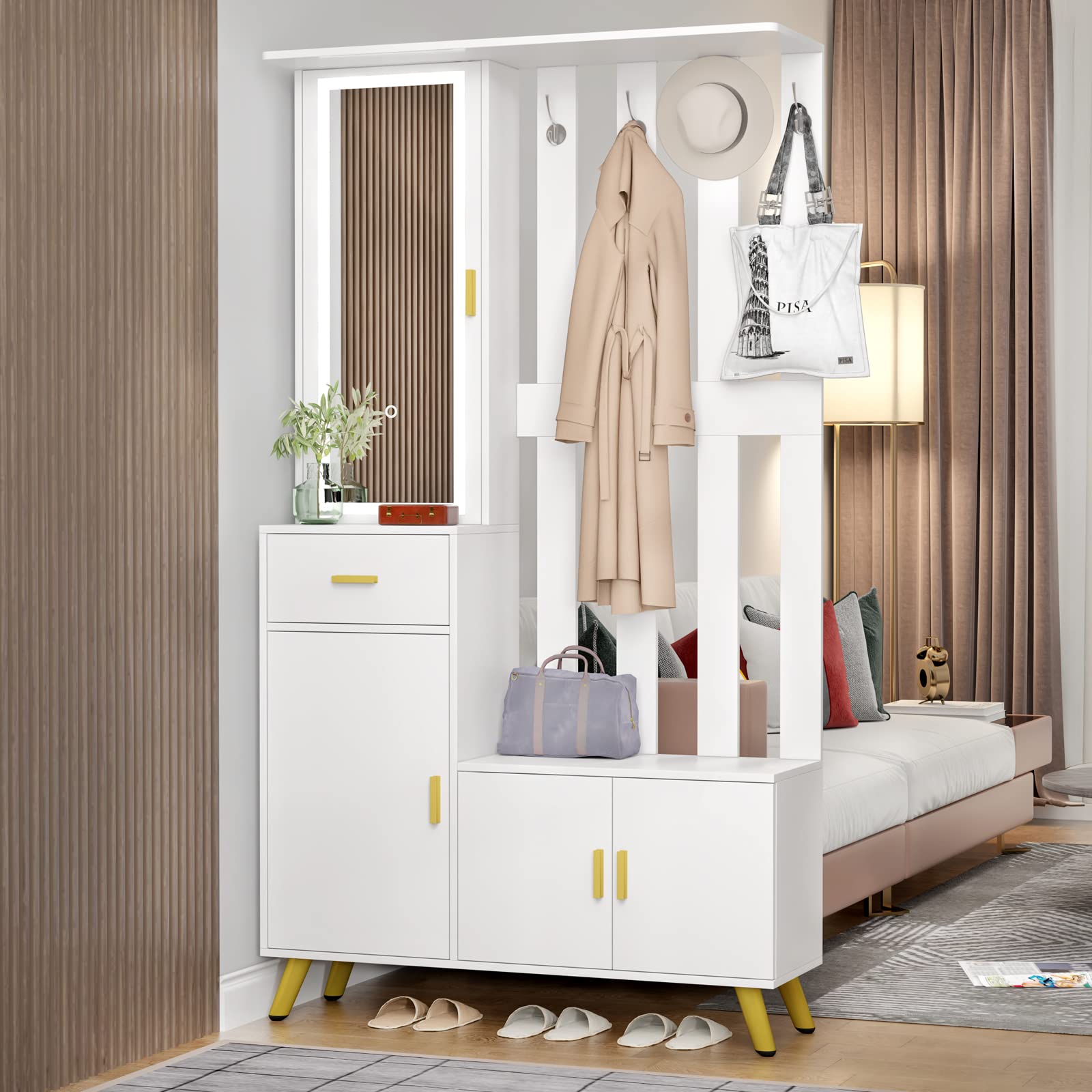 PAKASEPT Hall Tree with Bench and Shoe Storage, Farmhouse Entryway Bench with Coat Rack, Multi-Purpose Home Organizer, Sliding Barn Doors, Entryway Solution with Seating and Hooks