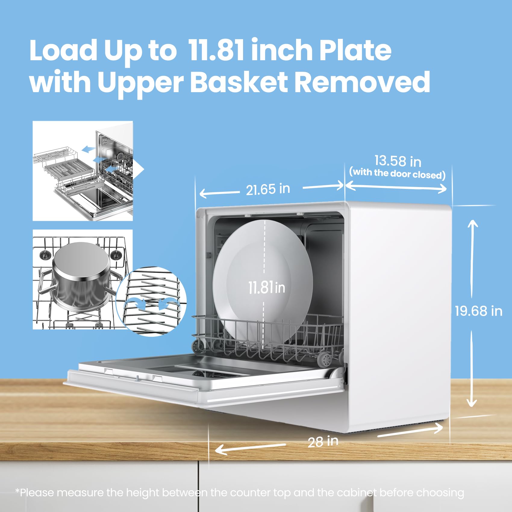 COMFEE' Portable Dishwasher, Countertop Dishwasher with 3 Place Settings, Mini Dishwasher with More Space Inside, 6 Programs, Auto-Open Drying, Touch Control, White