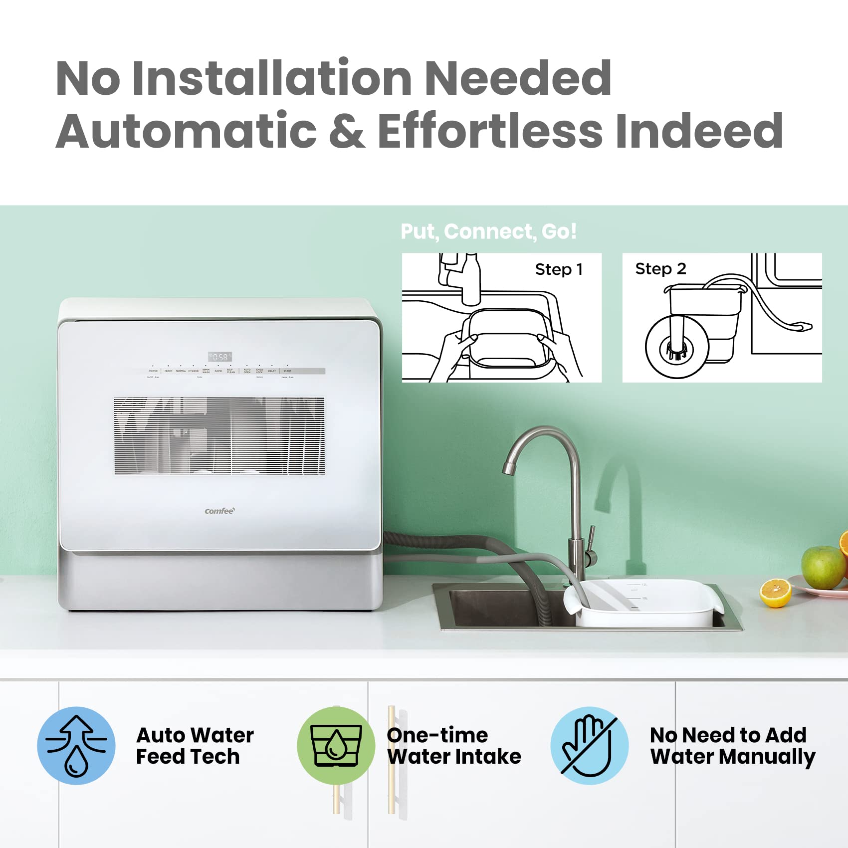 COMFEE' Portable Dishwasher, Countertop Dishwasher with 3 Place Settings, Mini Dishwasher with More Space Inside, 6 Programs, Auto-Open Drying, Touch Control, White