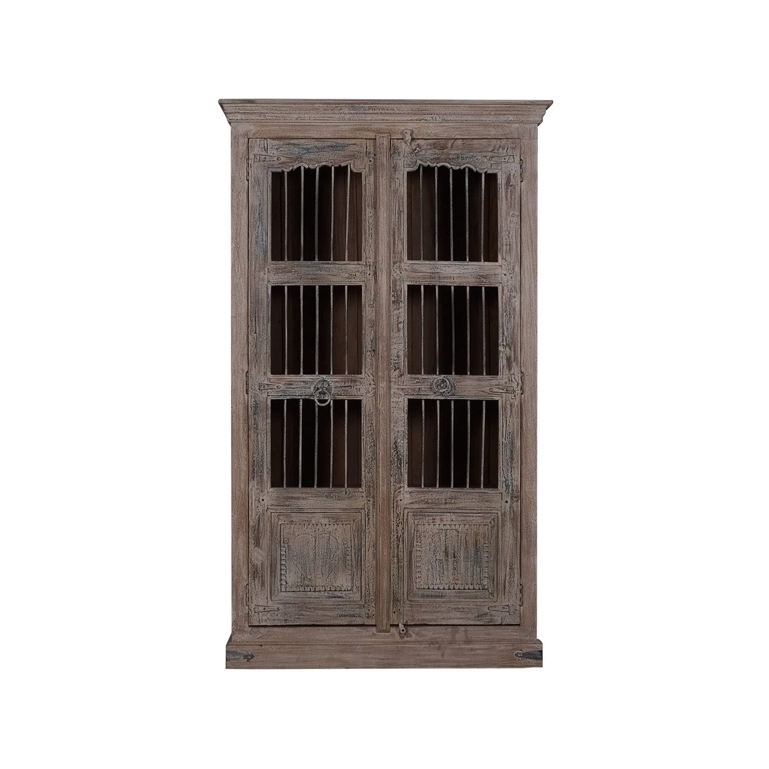 Handmade Farmhouse Style Armoire with Iron Grill 81 Inch Tall Display | Vintage Handcarved White Curio Cabinet | Rustic Distressed Off White Cabinet | Solid Wood Storage Armoire
