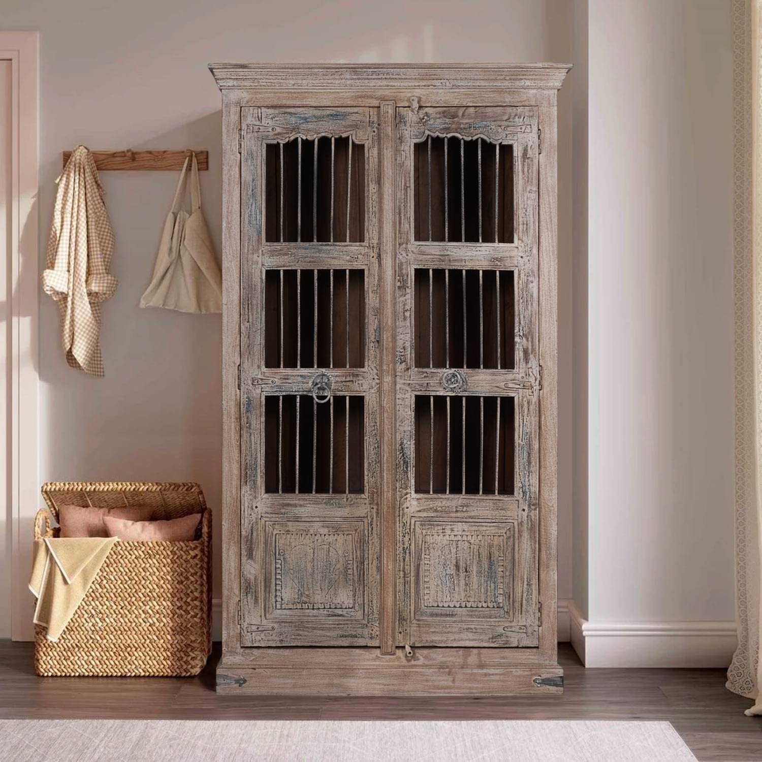 Handmade Farmhouse Style Armoire with Iron Grill 81 Inch Tall Display | Vintage Handcarved White Curio Cabinet | Rustic Distressed Off White Cabinet | Solid Wood Storage Armoire