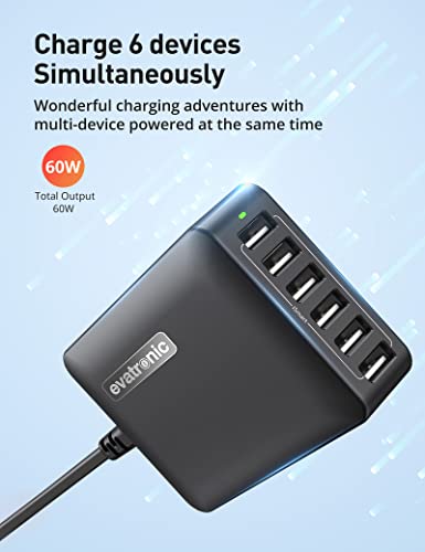 USB Charger Block, Evatronic 60W 12A 6-Port USB Charging Station Desktop USB Charging Hub with Multiple Port Compatible with iPhone 14 13 12 Pro Max Mini 11 X SE iPad Pro Air Galaxy S21 Tablet Black