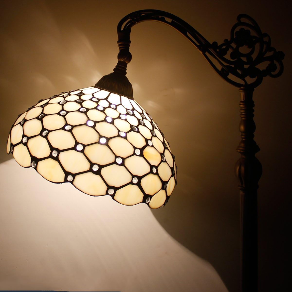 WERFACTORY Tiffany Floor Lamp Cream Amber Stained Glass Bead Arched Lamp 12X18X64 Inch Gooseneck Adjustable Corner Standing Reading Light Decor Bedroom Living Room S005 Series