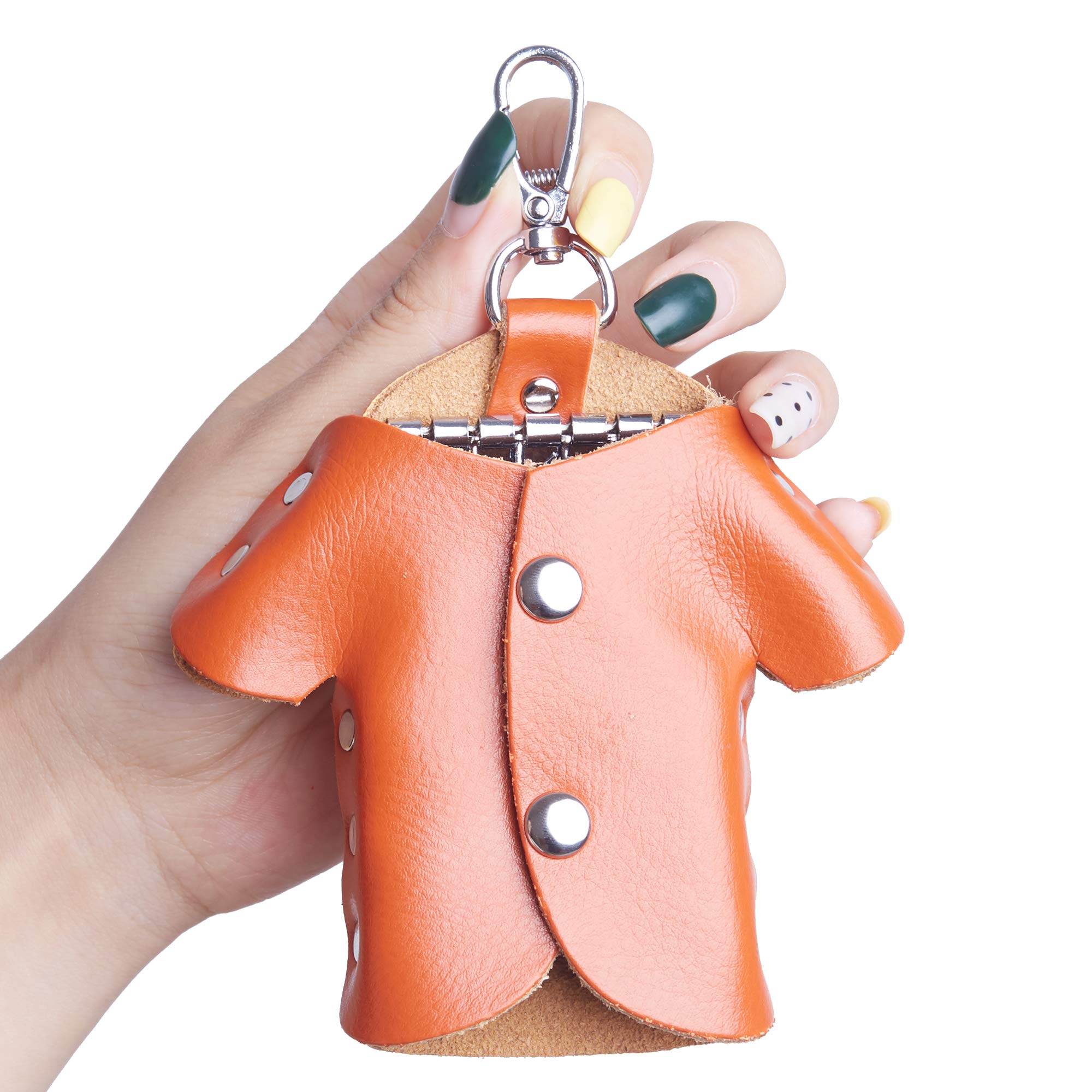 Car Genuine Leather Key Chain Car Smart Keychain Holder Metal Hook Key Pouch-Orange