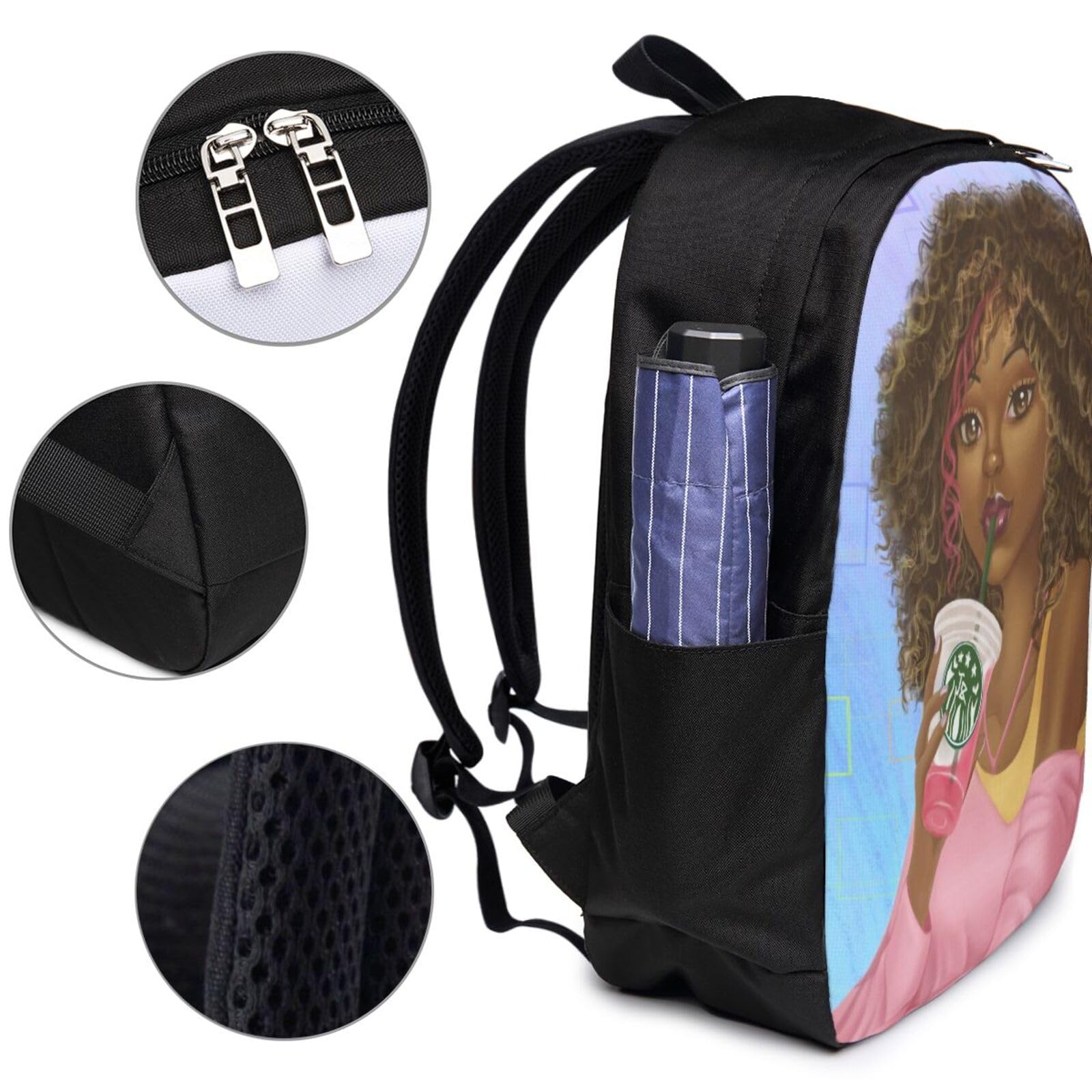SARA NELL School Backpack Black Art Afro Girl Drink Juice African American Girl Bookbag Casual Travel Bag For Teen Boys Girls