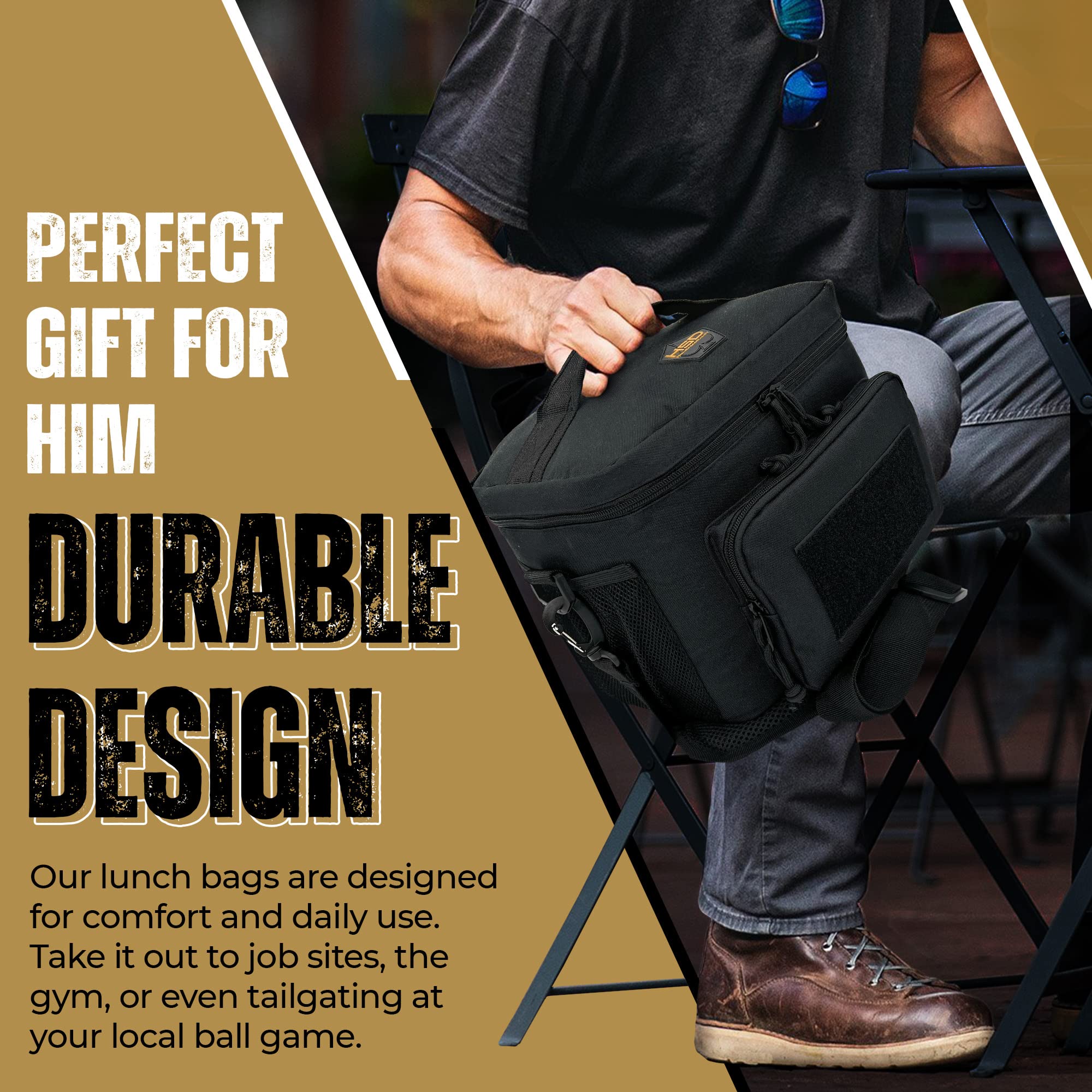 HSD 10mm Thick Insulated Adult Lunch Bag - Leak Proof for Hot & Cold Temperature - Tactical Style Easy To Clean, Durable & Water-Resistant - Sturdy Handle, Shoulder Strap, & Pockets - Men & Women