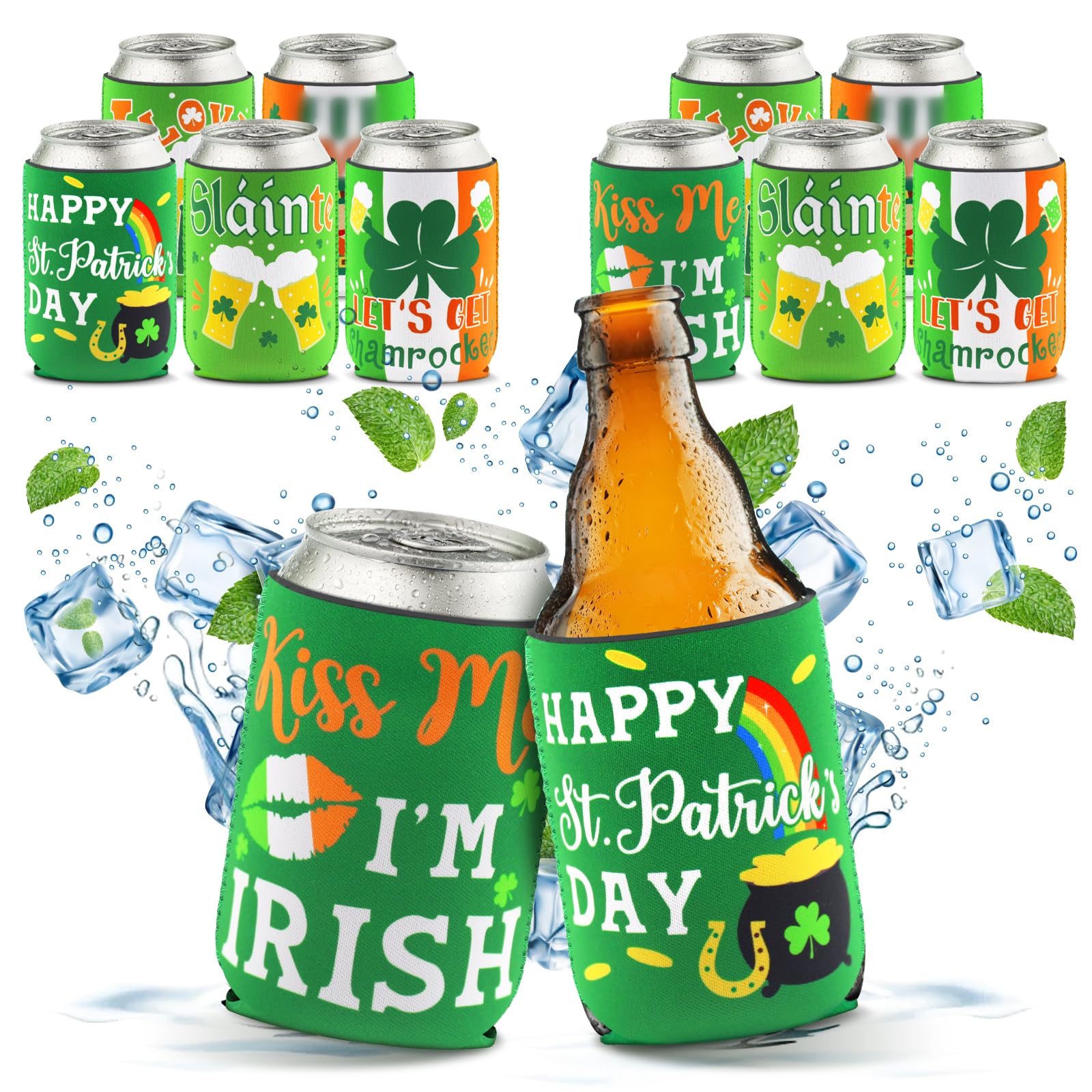 12 Pcs St. Patrick's Day Can Koozies Coolers Sleeves Party Favors Supplies Saint Paddy's Day Irish Shamrock Green Beer Neoprene Can Sleeves Gifts for Soda Beer Beverage