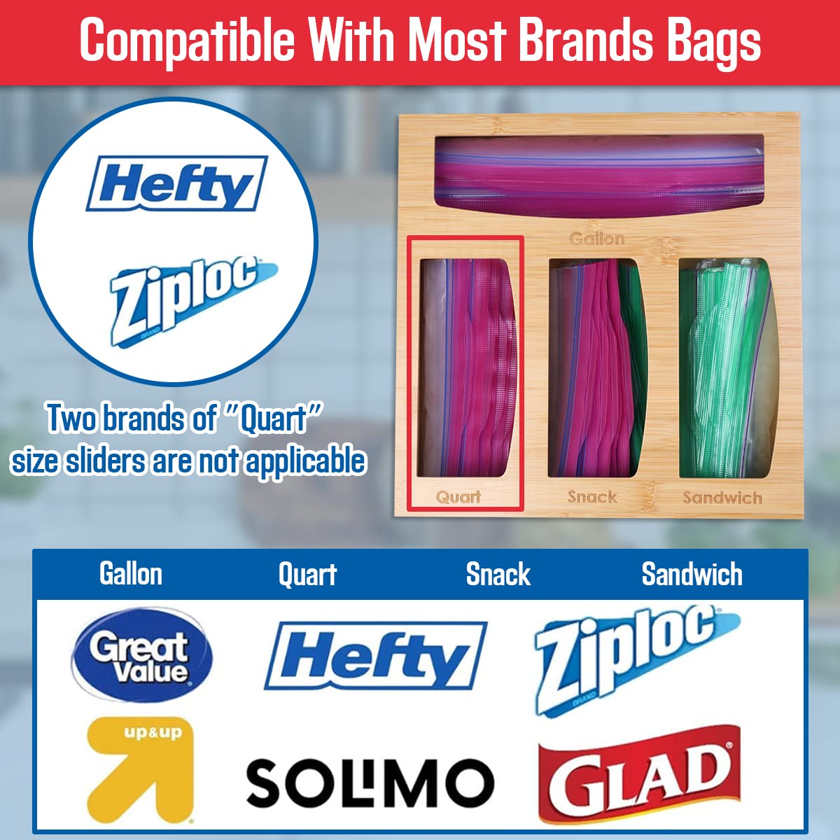 Bamboo Ziplock Bag Organizer - Sandwich,Quart,Snack,Gallon Bag Organizer for Drawer, Compatible with Variety Brand Bags, 4 In 1 Ziplock Bag Storage Organizer.