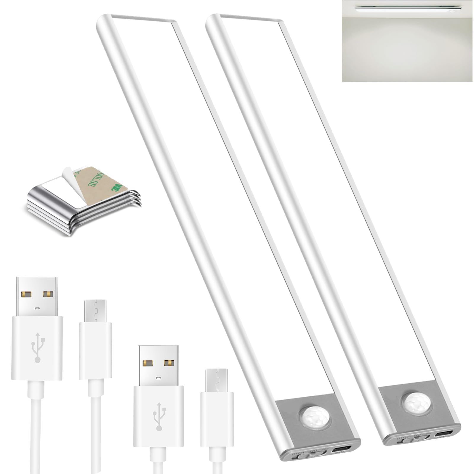 9in Under Cabinet Lights,30LED Motion Sensor Light Indoor Wireless,Magnetic 1500mAh Rechargeable Battery Under Counter Lights,Type C USB Closet Lighting for Kitchen,Wardrobe, Bedroom,Cold White-2 pack