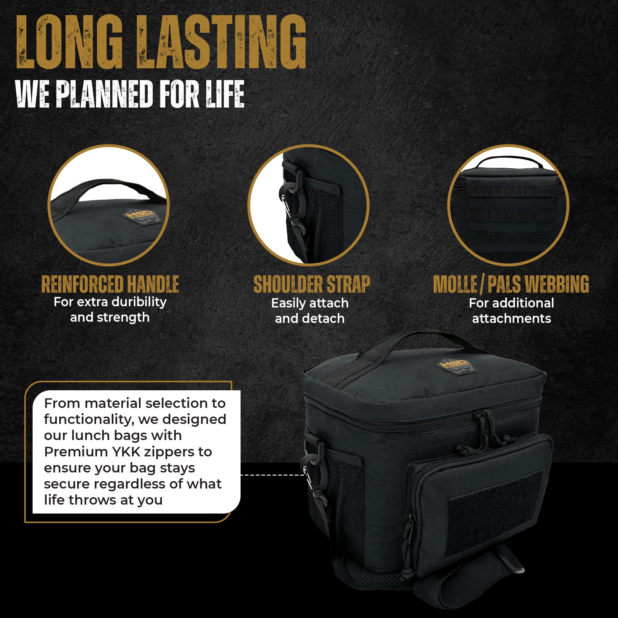 HSD 10mm Thick Insulated Adult Lunch Bag - Leak Proof for Hot & Cold Temperature - Tactical Style Easy To Clean, Durable & Water-Resistant - Sturdy Handle, Shoulder Strap, & Pockets - Men & Women