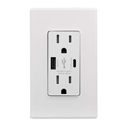 ELEGRP 36W PD 2.0 Quick Charge USB Wall Outlet, Type A & Type C Power Delivery and Quick Charge for iPhone/iPad/Samsung/Android, 15A USB Receptacle, UL Listed, w/Wall Plate, 1 Pack, Matte White
