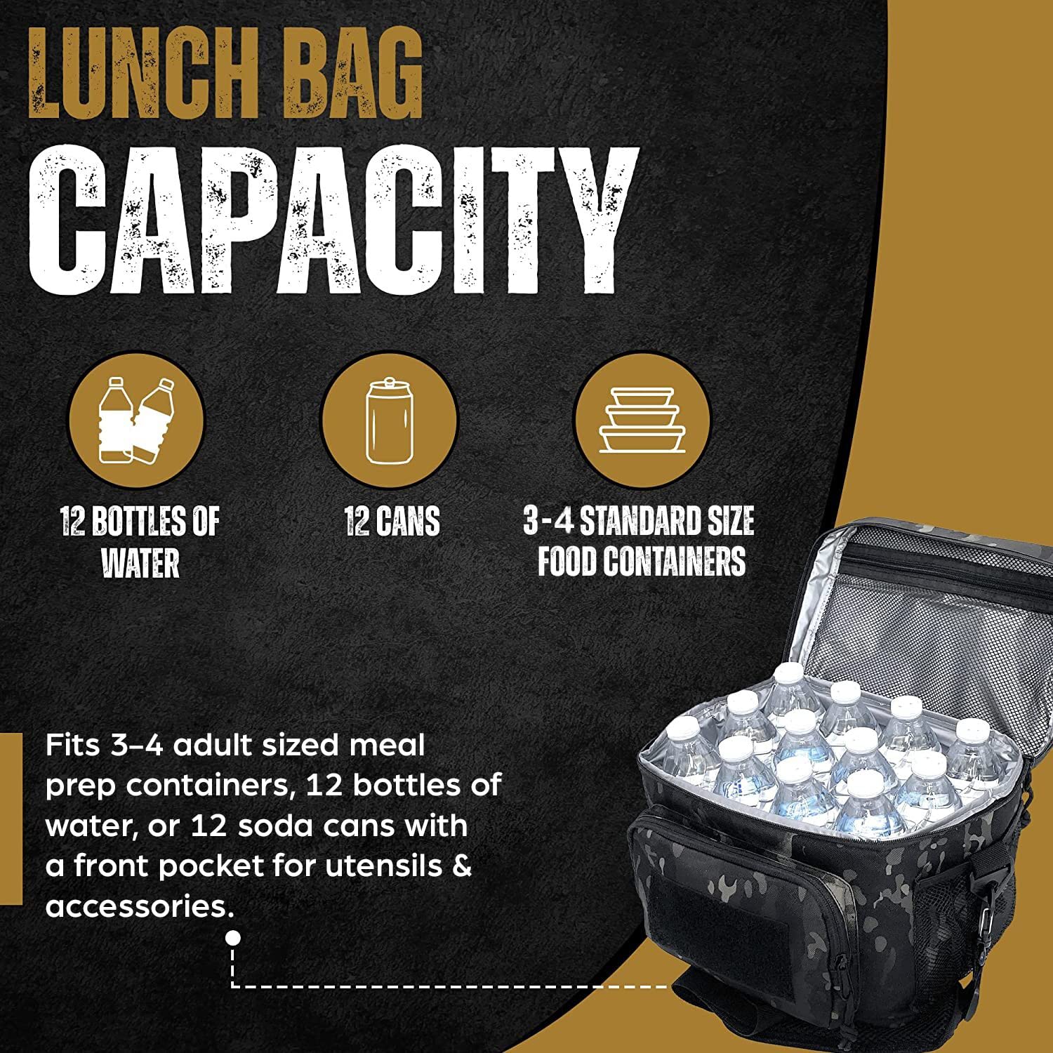HSD 10mm Thick Insulated Adult Lunch Bag - Leak Proof for Hot & Cold Temperature - Tactical Style Easy To Clean, Durable & Water-Resistant - Sturdy Handle, Shoulder Strap, & Pockets - Men & Women