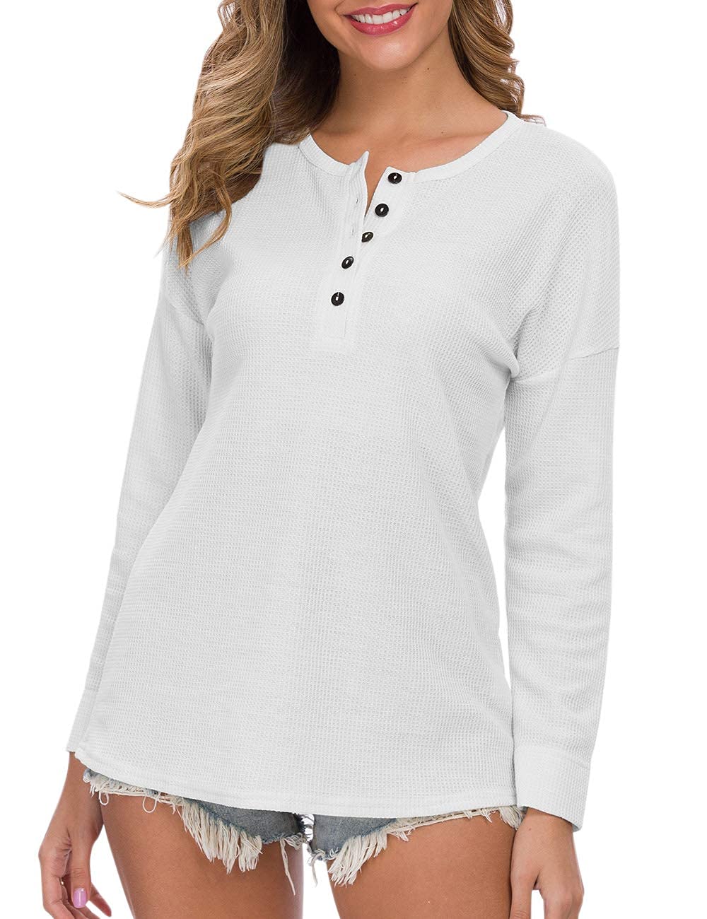 WNEEDU Women's Waffle Knit Tunic Tops Loose Long Sleeve Button Up V Neck Henley Shirts,White L