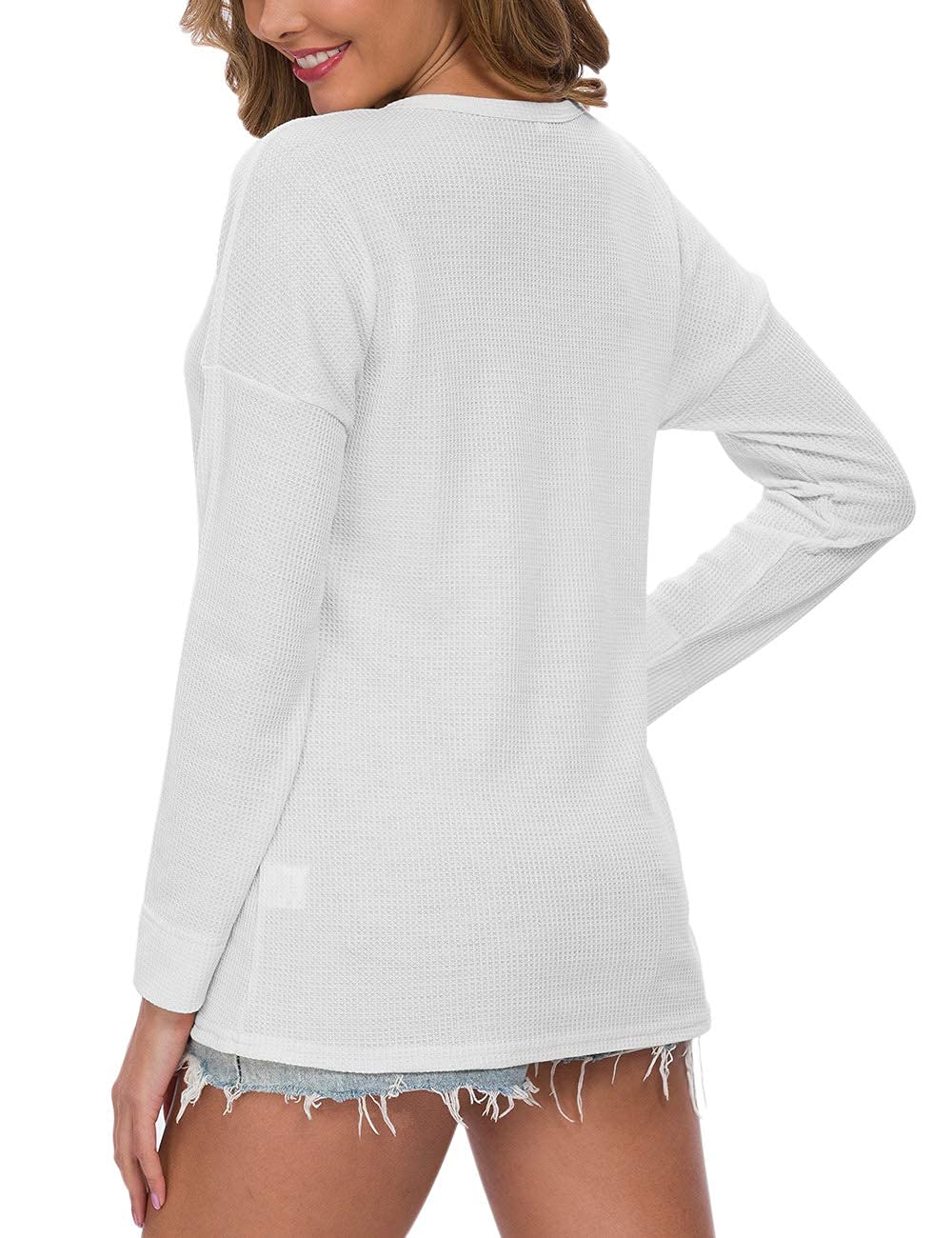 WNEEDU Women's Waffle Knit Tunic Tops Loose Long Sleeve Button Up V Neck Henley Shirts,White L