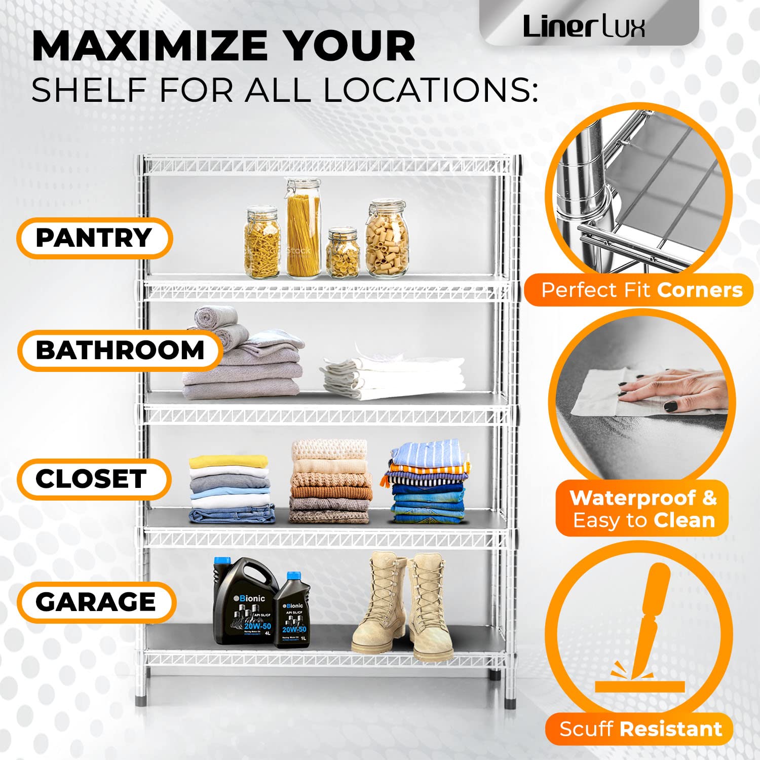 LinerLux Shelf Liners for Wire - 4 Pack Waterproof Wire Rack Shelf Liner, Durable Plastic Shelf Liner - Heavy Duty Wire Shelf Liner for Wire Shelving with Locking Tabs