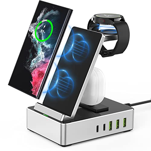 100W Aluminum Alloy Wireless Charger, 8 in 1 Charging Station for Samsung Devices,USB C Charger Dock for S22 Ultra, Etc.Galaxy Watch 5, Active 2/1, Galaxy Buds/Pro/Live (Silver)