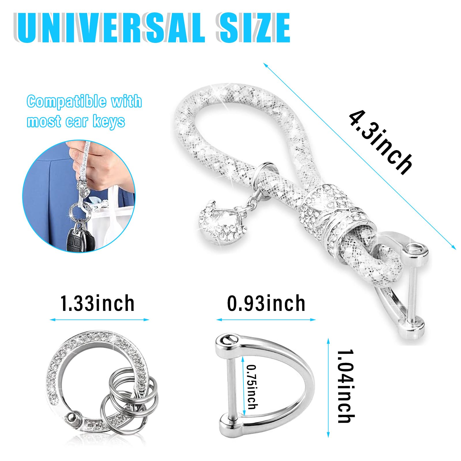 Ziciner Bling Crystal Car KeyChains for Women & Girls, Car Key Chain Glitter Key Ring, Universal Bling Key Chain Accessories (White)