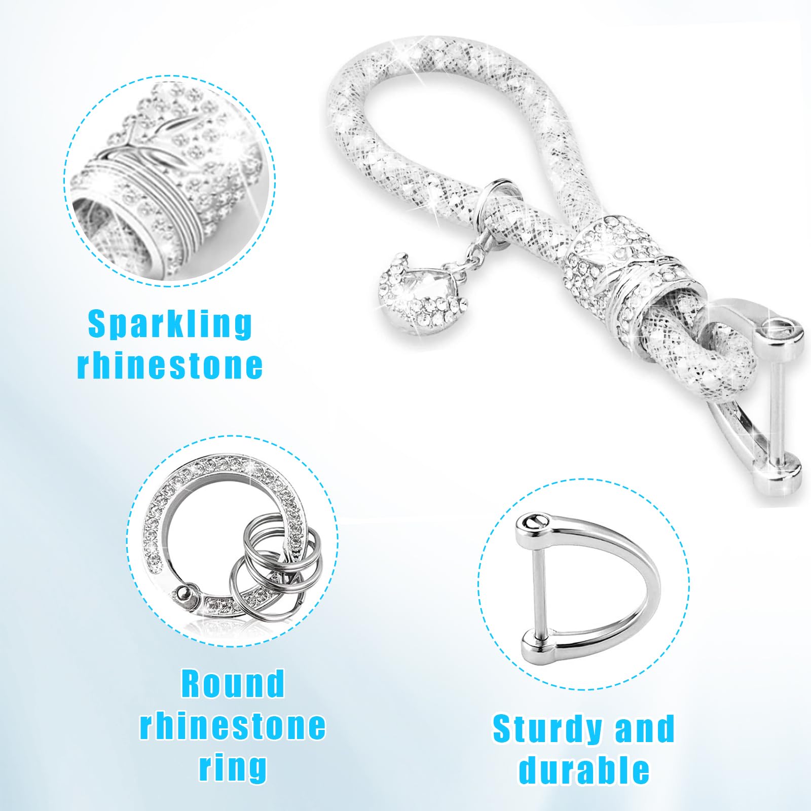 Ziciner Bling Crystal Car KeyChains for Women & Girls, Car Key Chain Glitter Key Ring, Universal Bling Key Chain Accessories (White)