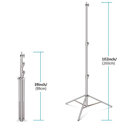 NEEWER 102"/2.6m Stainless Steel Light Stand, Spring Cushioned Heavy Duty Photography Tripod Stand with 1/4” to 3/8” Universal Screw Adapter for Strobe, LED Video Light, Ring Light, Monolight, Softbox