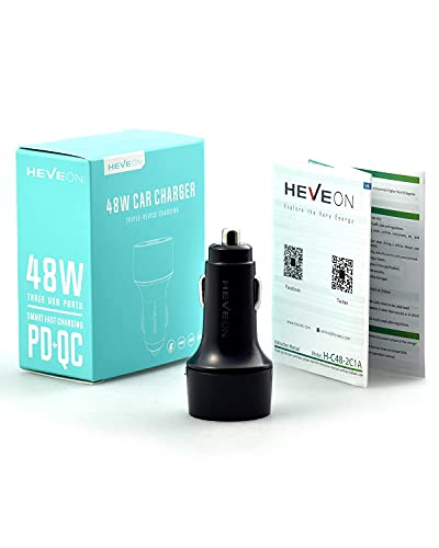 HEVEON 48W USB C Car Charger, 3-Port Fast PD Car Charger Adapter for iPhone 12/11/11 Pro/11 Pro Max/XS, Samsung Note 10/S10, Google Pixel and More