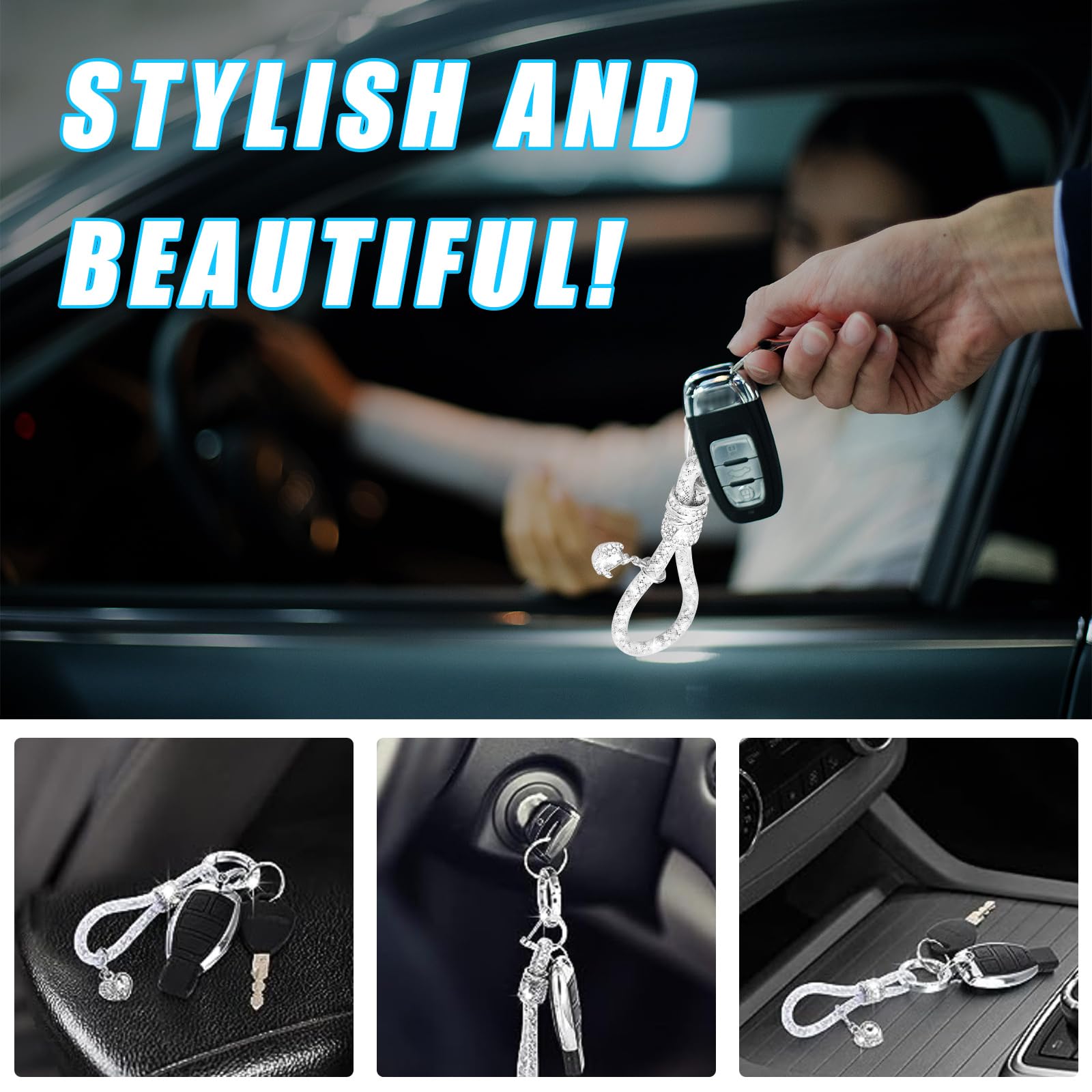 Ziciner Bling Crystal Car KeyChains for Women & Girls, Car Key Chain Glitter Key Ring, Universal Bling Key Chain Accessories (White)