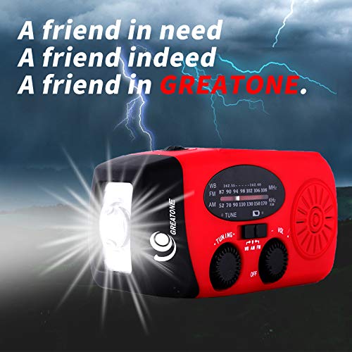 GREATONE Weather Radio Emergency Hand Crank Self Powered AM/FM NOAA Solar Portable Camping Weather Radio with LED Flashlight,2000mah Portable Charge for Phone Survival Pack 071 (red)