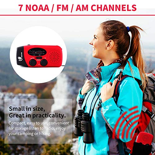 GREATONE Weather Radio Emergency Hand Crank Self Powered AM/FM NOAA Solar Portable Camping Weather Radio with LED Flashlight,2000mah Portable Charge for Phone Survival Pack 071 (red)