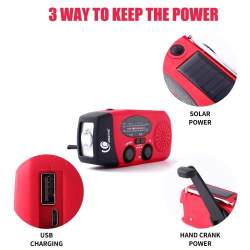 GREATONE Weather Radio Emergency Hand Crank Self Powered AM/FM NOAA Solar Portable Camping Weather Radio with LED Flashlight,2000mah Portable Charge for Phone Survival Pack 071 (red)