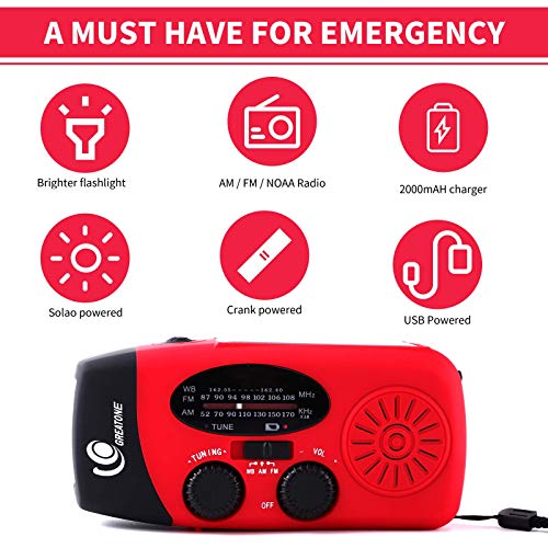 GREATONE Weather Radio Emergency Hand Crank Self Powered AM/FM NOAA Solar Portable Camping Weather Radio with LED Flashlight,2000mah Portable Charge for Phone Survival Pack 071 (red)