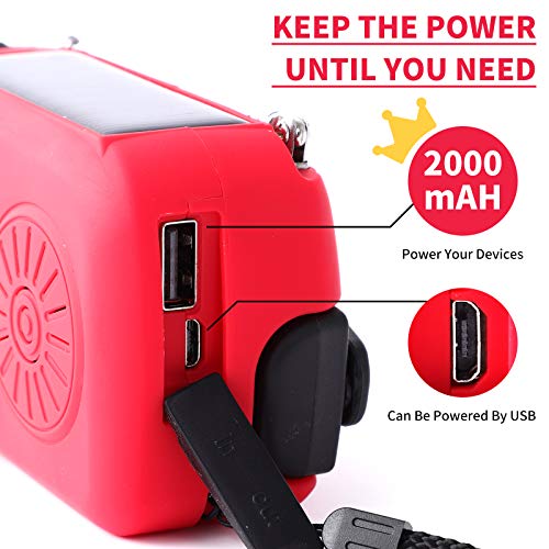 GREATONE Weather Radio Emergency Hand Crank Self Powered AM/FM NOAA Solar Portable Camping Weather Radio with LED Flashlight,2000mah Portable Charge for Phone Survival Pack 071 (red)