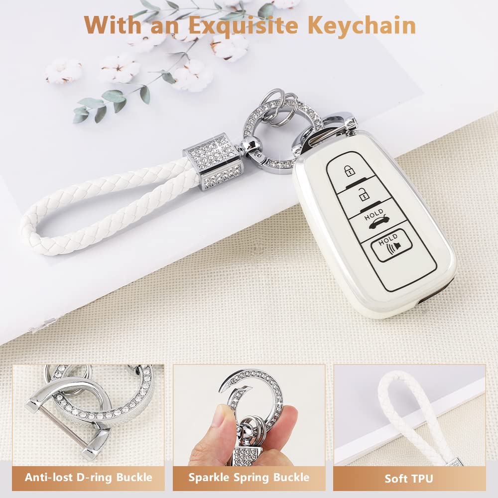 PIFOOG Key Fob Cover for Toyota Camry RAV4 Corolla C-HR Avalon Highlander Prius Smart Keys Case Shell Protector Bling Keychain Accessories 4 Button TPU Girly Women White Silver