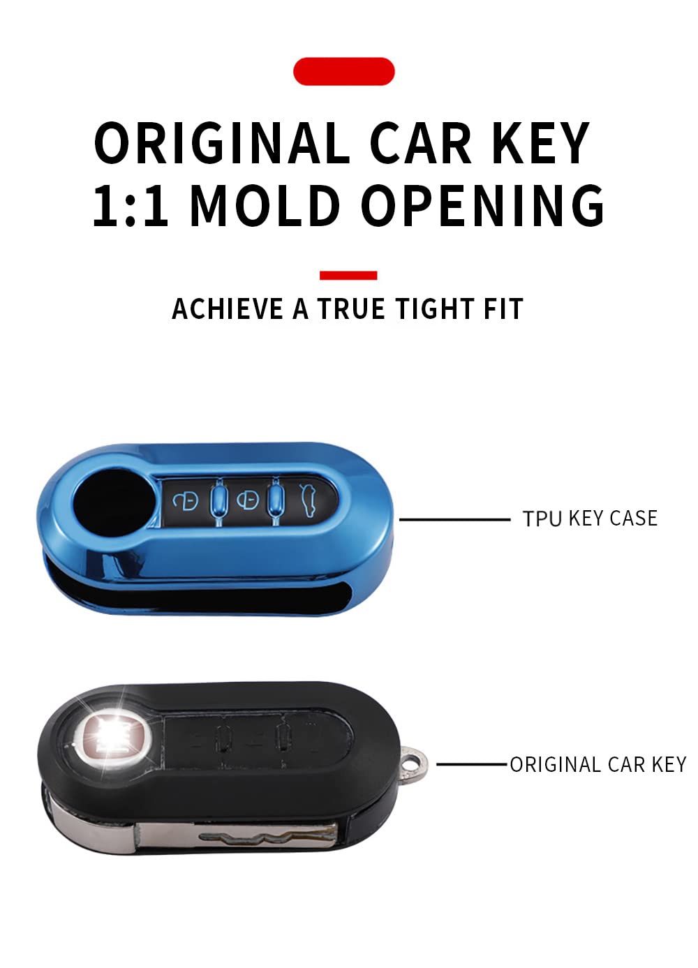 HIBEYO Key Fob Cover for Fiat 500 Linea 3 Button Filping Smart Remote Auto Key Shell with Leather Keychains for Fiat 500 Accessories Soft TPU Key Case-Silver