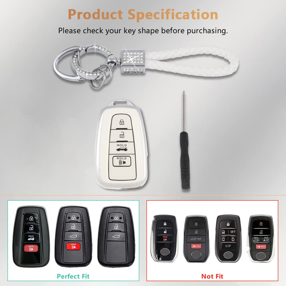 PIFOOG Key Fob Cover for Toyota Camry RAV4 Corolla C-HR Avalon Highlander Prius Smart Keys Case Shell Protector Bling Keychain Accessories 4 Button TPU Girly Women White Silver