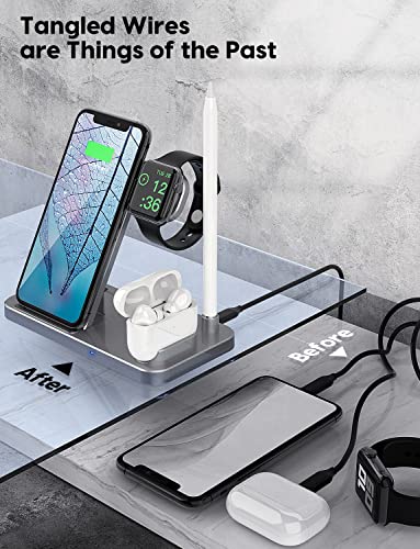 4 in 1 Wireless Charging Station,2021 Upgraded Fast Charging Dock Stand for iWatch Series 7/6/SE/5/4/3/2, AirPods & Pencil, Compatible with iPhone13/12Pro/11/XS/XR/8/Samsung
