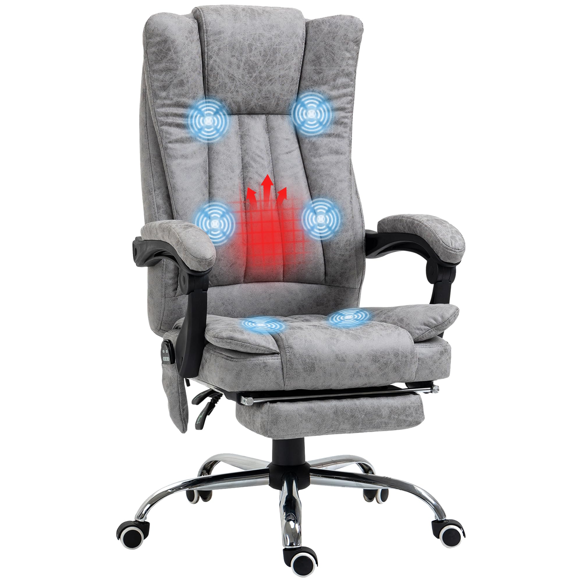 Vinsetto Microfiber Office Chair, High Back Computer Chair with 6 Point Massage, Heat, Adjustable Height and Retractable Footrest, Grey
