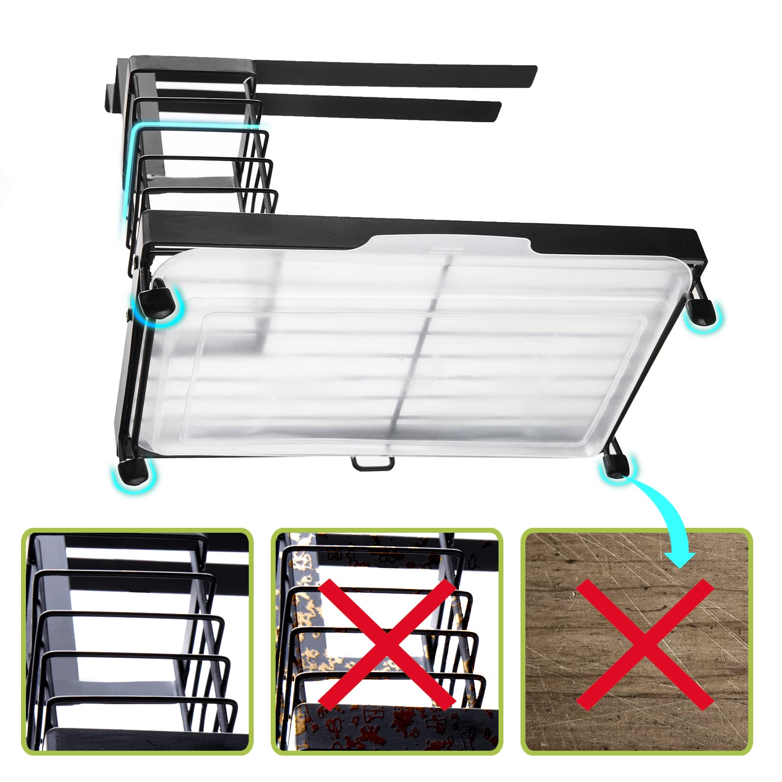 SVUASAN Sink Caddy Sponge Holder, Kitchen Countertop Rust Proof Sink Accessories Organizer with Handle Drip Drainer Pan Dishcloth Rack for Dish Brush, Soap Dispenser, Dishwashing Gloves ( Black )