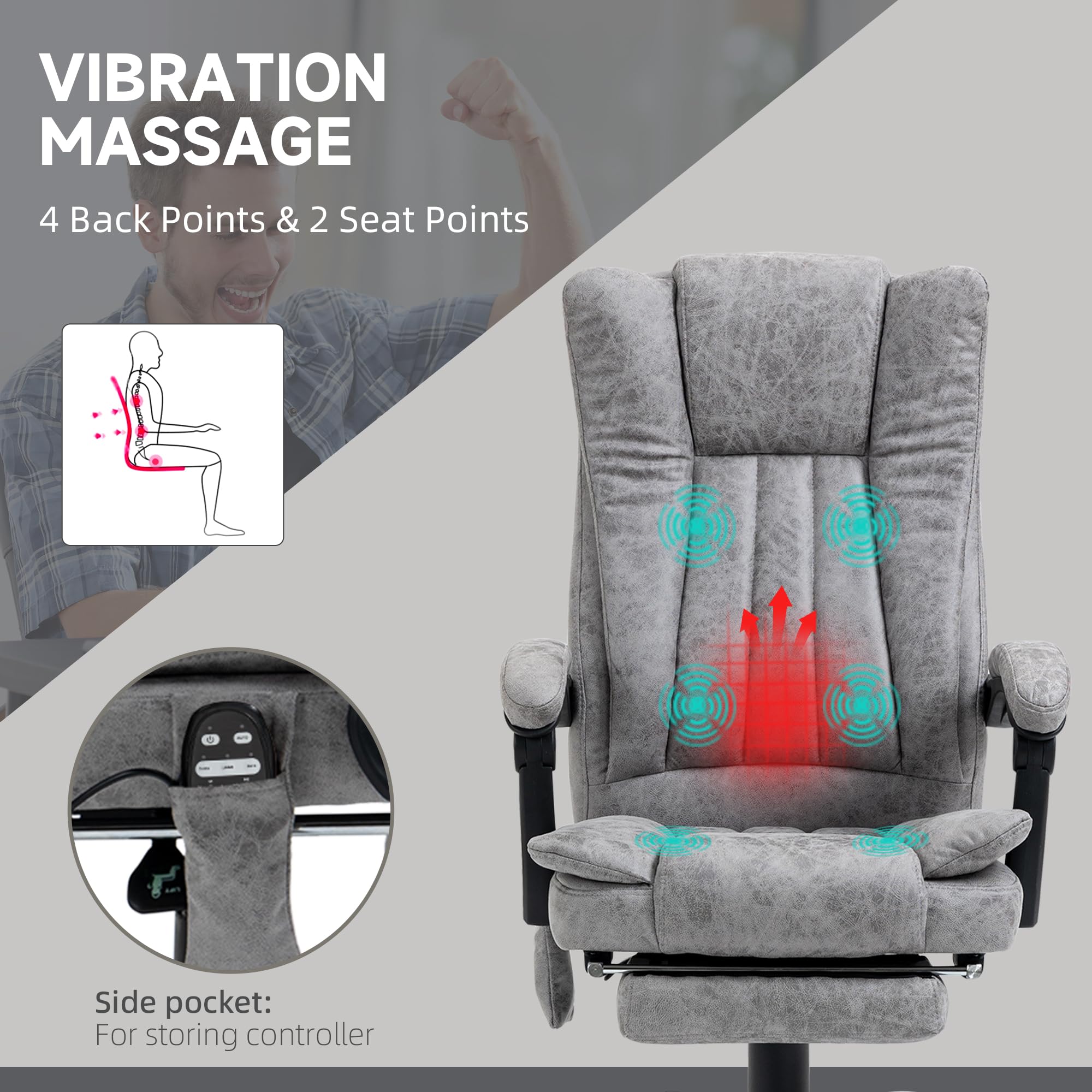 Vinsetto Microfiber Office Chair, High Back Computer Chair with 6 Point Massage, Heat, Adjustable Height and Retractable Footrest, Grey