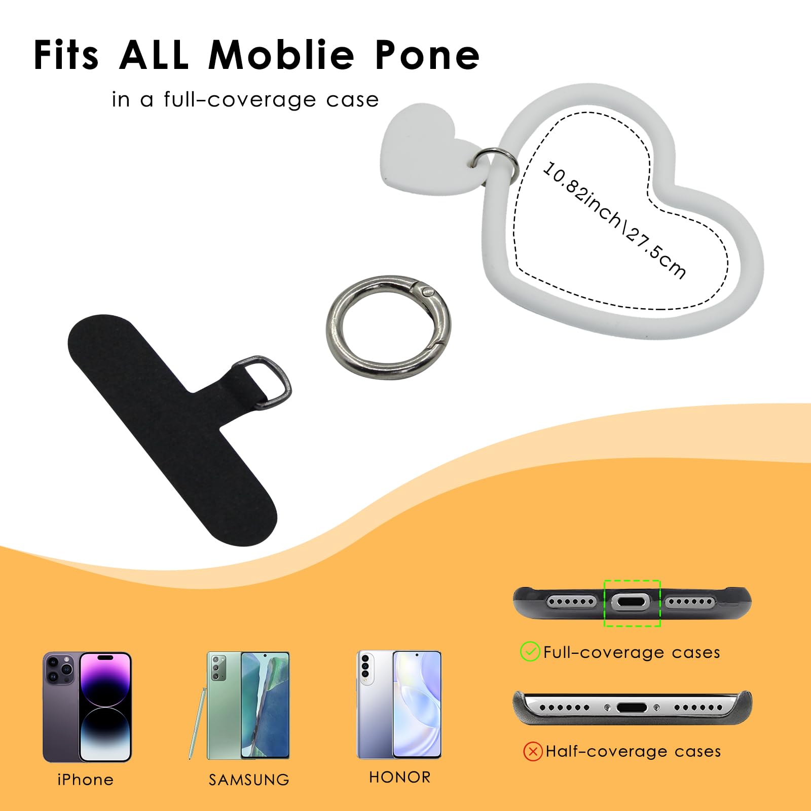 Luckyvestir Silicone Phone Lanyard, Heart Cell Phone Hand Wrist Strap with 2 Universal Tether Tab Smartphone Key Chain Wristlet Bracelet (White)