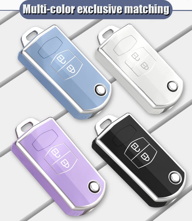 HIBEYO Flip 2 Button for Mazda Key Fob Cover Soft TPU Key Case for Mazda 2 3 5 6 8 Atenza CX5 CX-7 CX-9 MX-5 RX GH Demio Smart Key Holder Car Accessories with Keychains-Leather Key Chain(Gray)