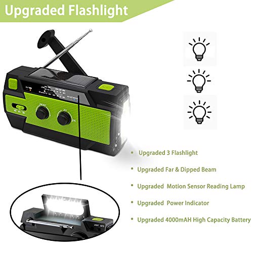 【Upgraded】 Emergency Weather Radio, Hand Crank, 4000mAH, Portable, Solar Charging, with AM/FM/NOAA, 3 LED Flashlights, Motion Sensor, Reading Lamp, SOS Alarm, Rechargeable (Green)