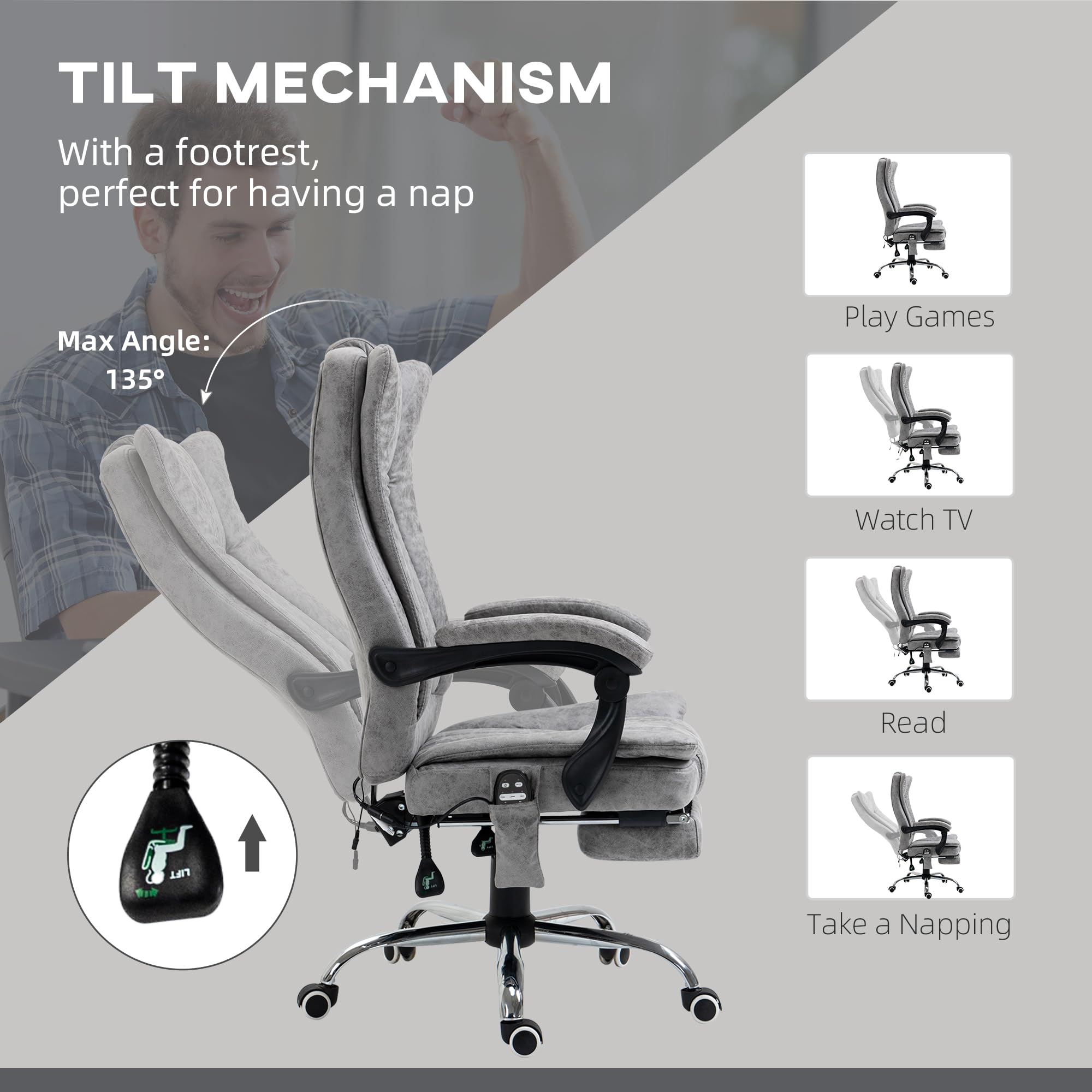 Vinsetto Microfiber Office Chair, High Back Computer Chair with 6 Point Massage, Heat, Adjustable Height and Retractable Footrest, Grey